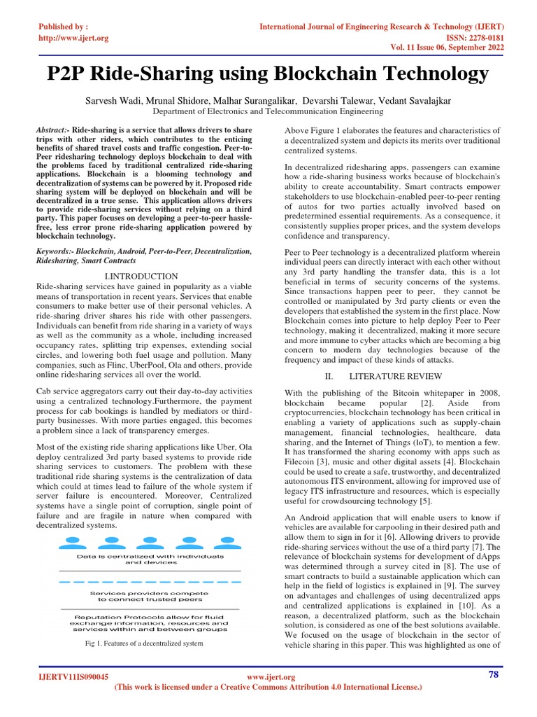 p2p Ride Sharing Using Blockchain Technology IJERTV11IS090045 | Download Free PDF | Peer To Peer ...