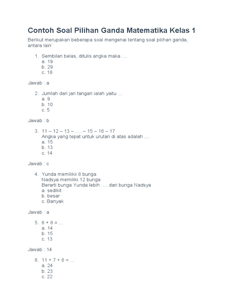 Contoh Soal Pilihan Ganda Matematika Kelas 1 | PDF