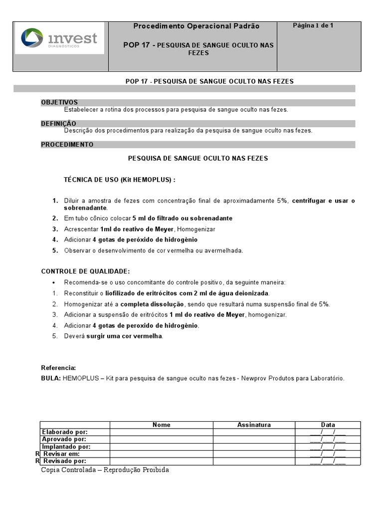 Pop 17 - Pesquisa de Sangue Oculto Nas Fezes | PDF