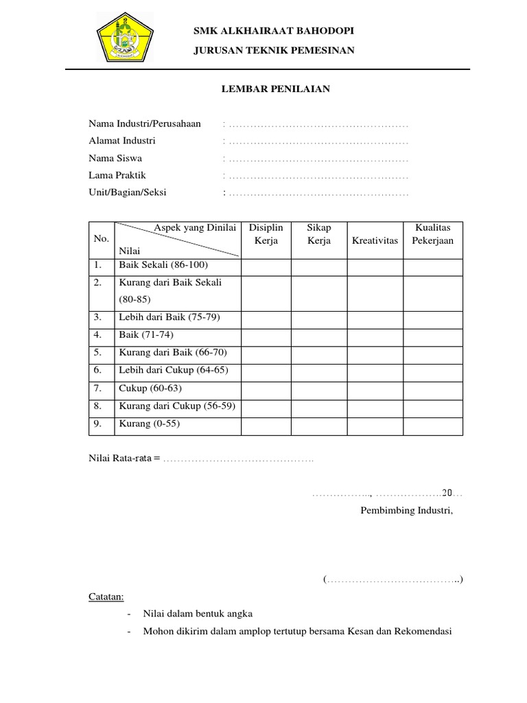 Lembar Penilaian PKL | PDF