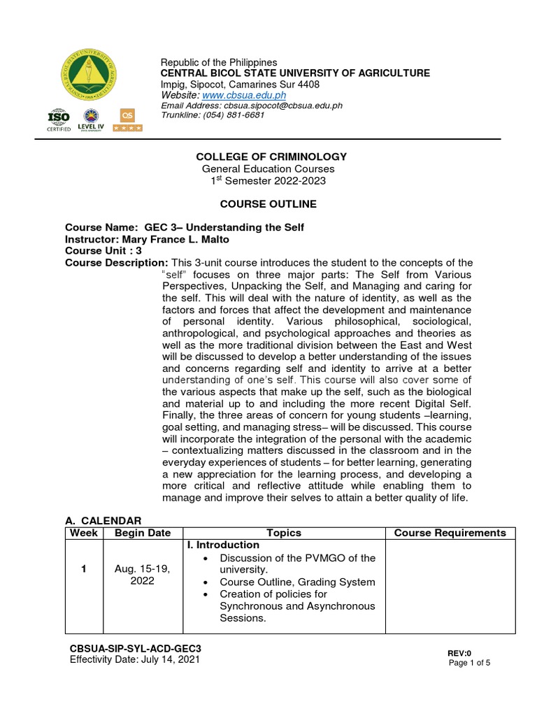 Course Outline (Gec 3) | PDF | Self Efficacy | Philosophy Of Self