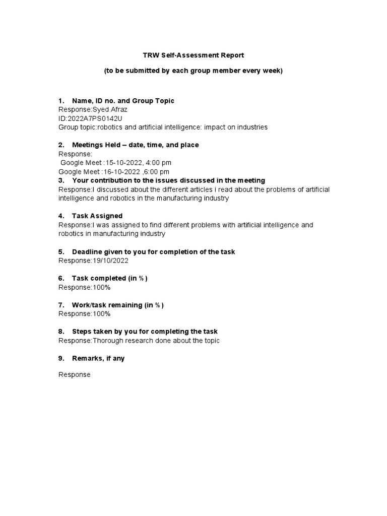 TRW Self-Assessment Report Syed Afraz | PDF