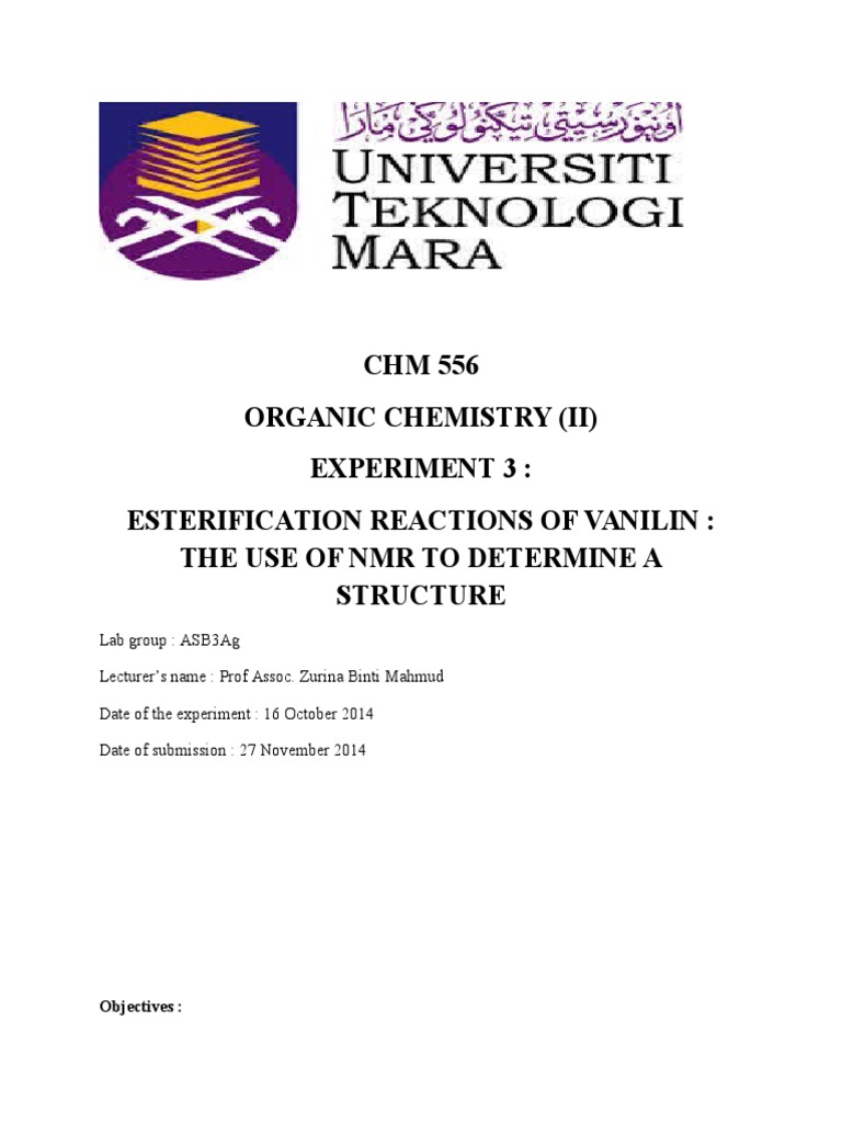 Experiment 3 Esterification Reactions of Vanilin The Use of NMR To Determine A Structure | PDF ...