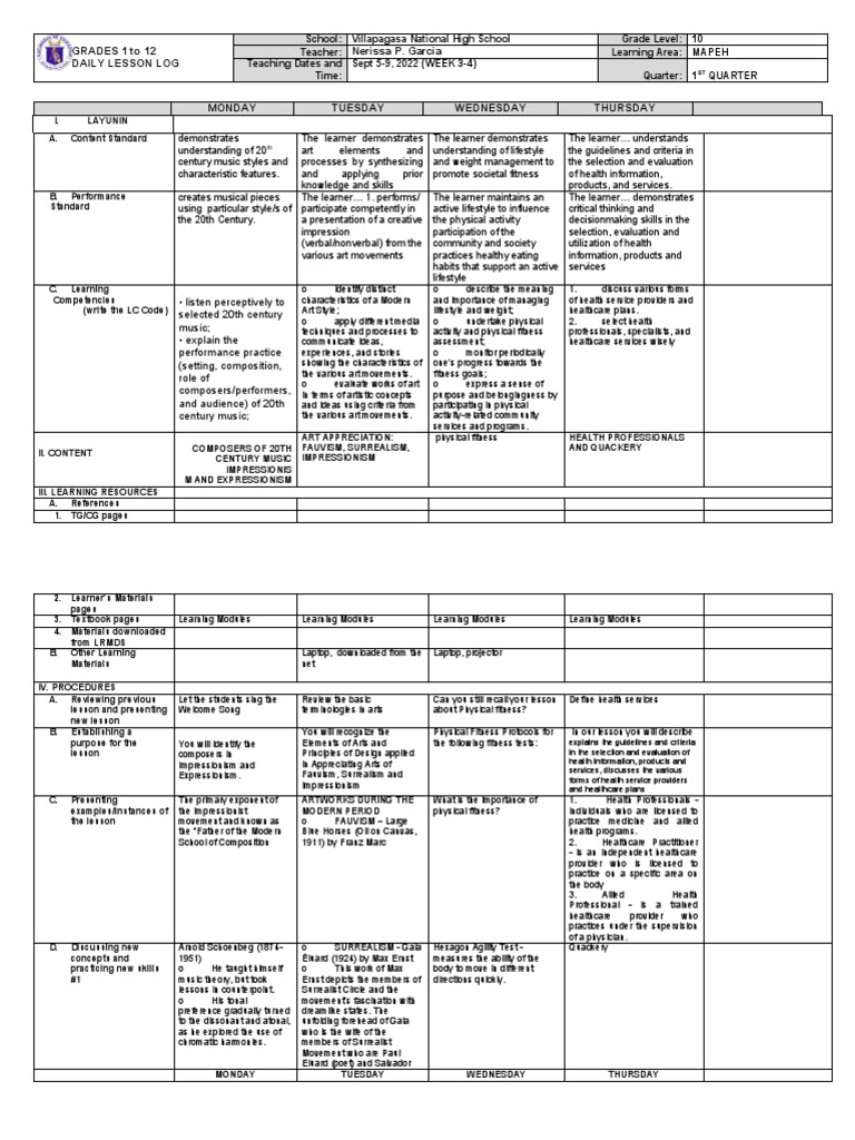 DLL - Mapeh 10 - Q1 - W3 | PDF | Learning | Health Care