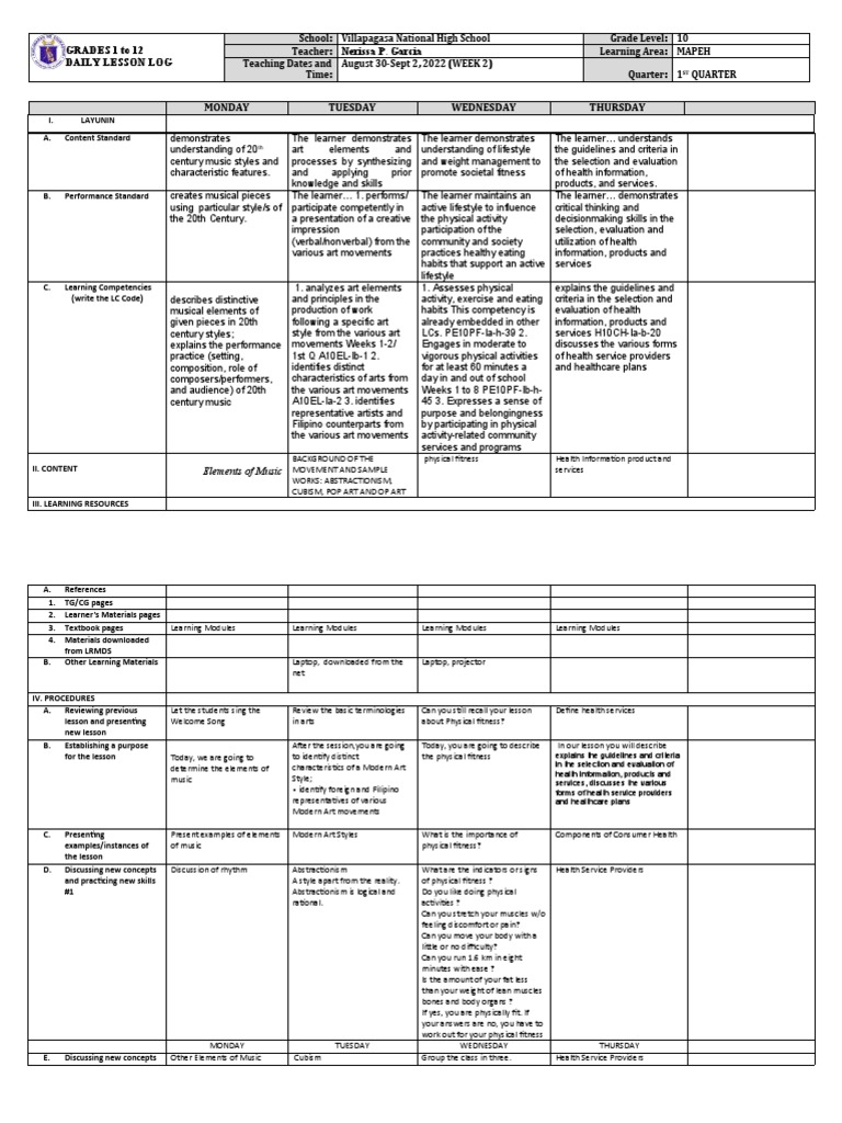 DLL - Mapeh 10 - Q1 - W2 | PDF | Learning | Physical Fitness