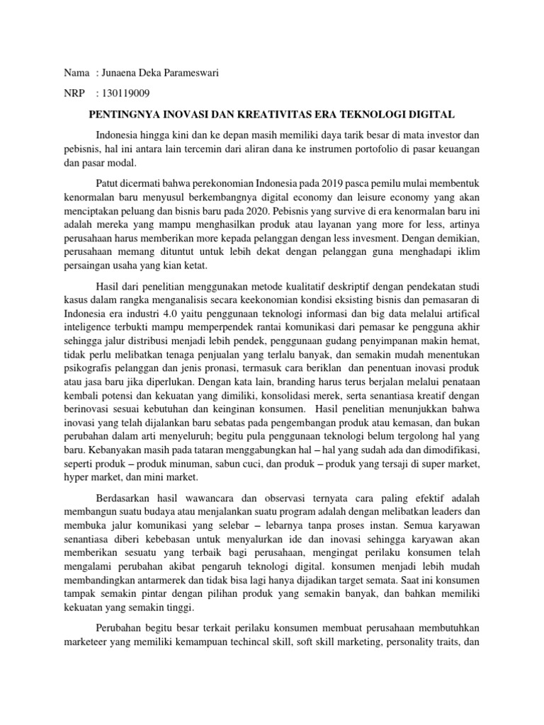 Sitasi Pentingnya Inovasi Dan Kreativitas Era Teknologi Digital | PDF