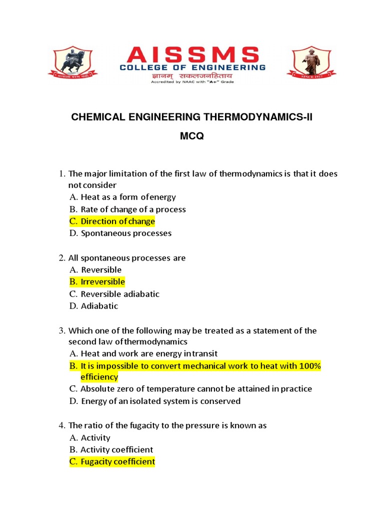 Chemical Engineering Thermodynamics-Ii MCQ | PDF | Quantity | Mechanical Engineering