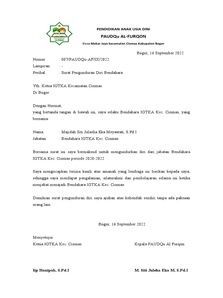 Surat Pengunduran Diri Dari IGTKA | PDF