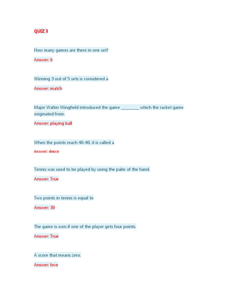 Tennis Quiz Answers SEO | PDF | Table Tennis | Weight Gain