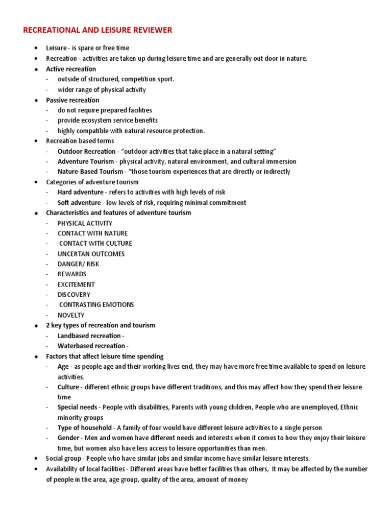 Recreational and Leisure Reviewer | PDF | Recreation | Leisure