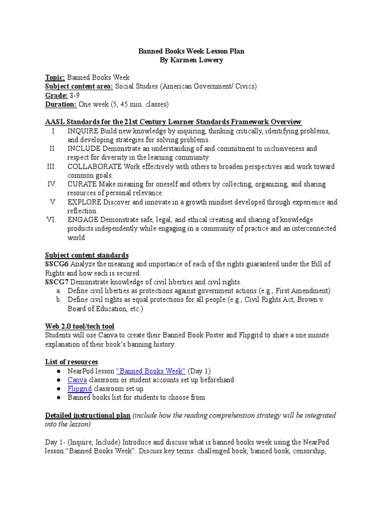 Banned Books Week High School Plan | PDF | Reading Comprehension ...