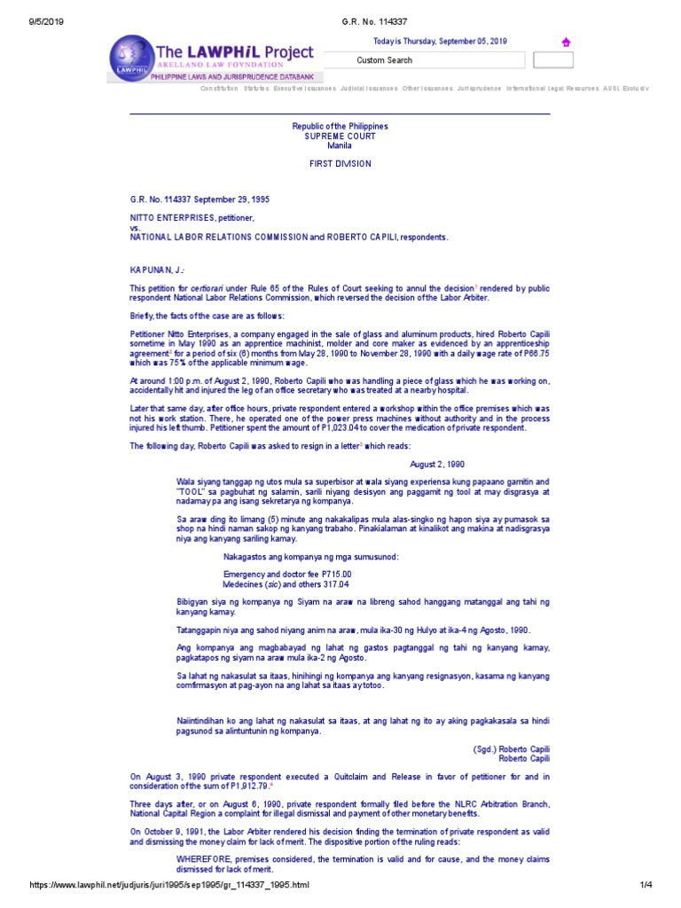 NLRC Reverses Labor Arbiter in Nitto Enterprises Case | PDF ...
