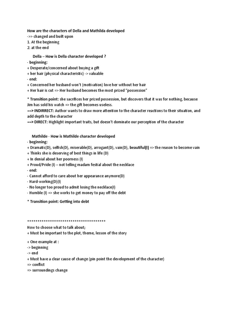 How Are The Characters of Della and Mathilda Developed - NOTE | PDF