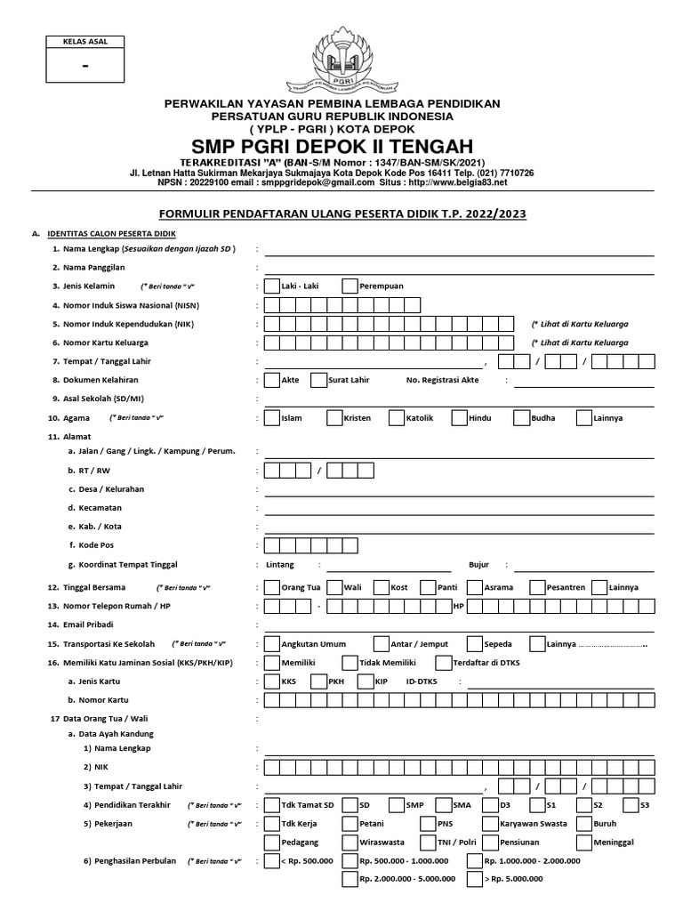 Contoh FORMULIR DAFTAR ULANG SMP Format Dapodik | PDF