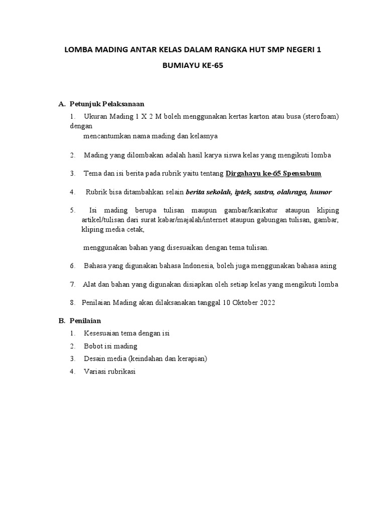 Lomba Mading, Kebersihan, Dan Mural Dalam Rangka Hut SMP Negeri 1 Bumiayu Ke | PDF