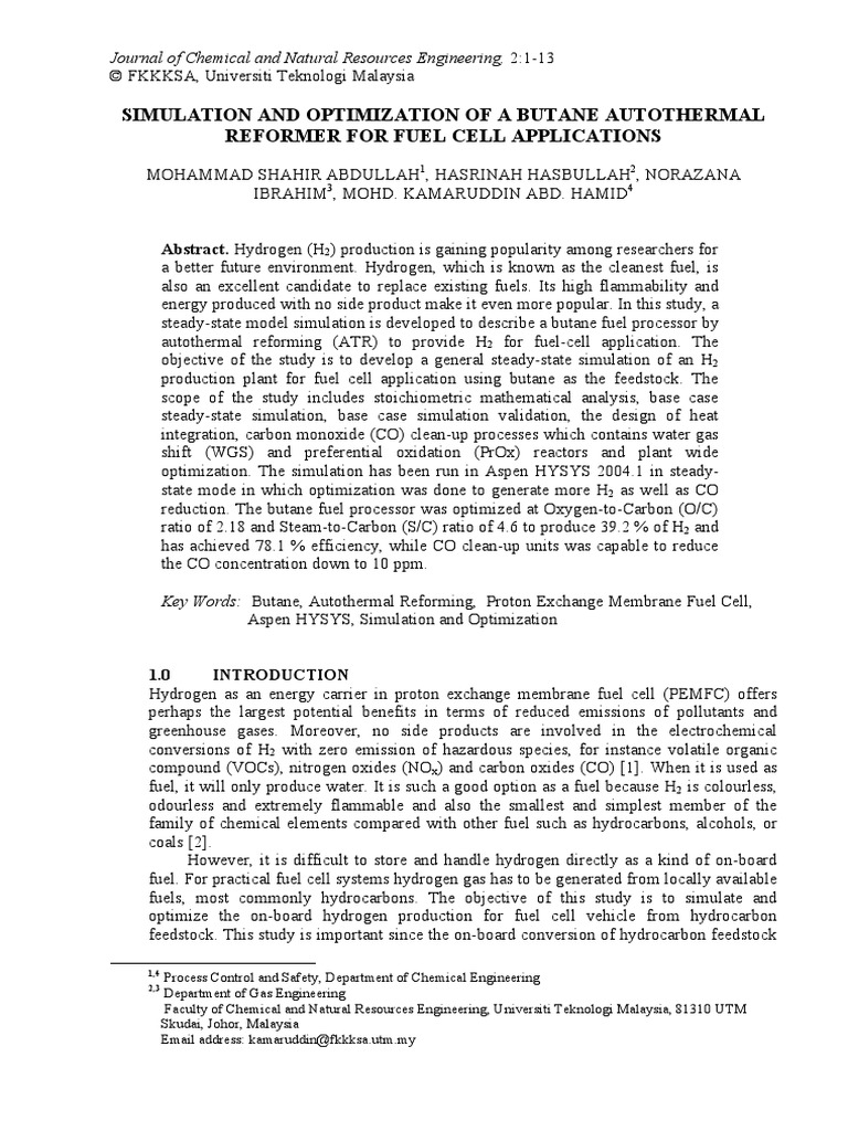 Simulation and Optimization of A Butane Autothermal Reformer For Fuel Cell Applications | PDF ...
