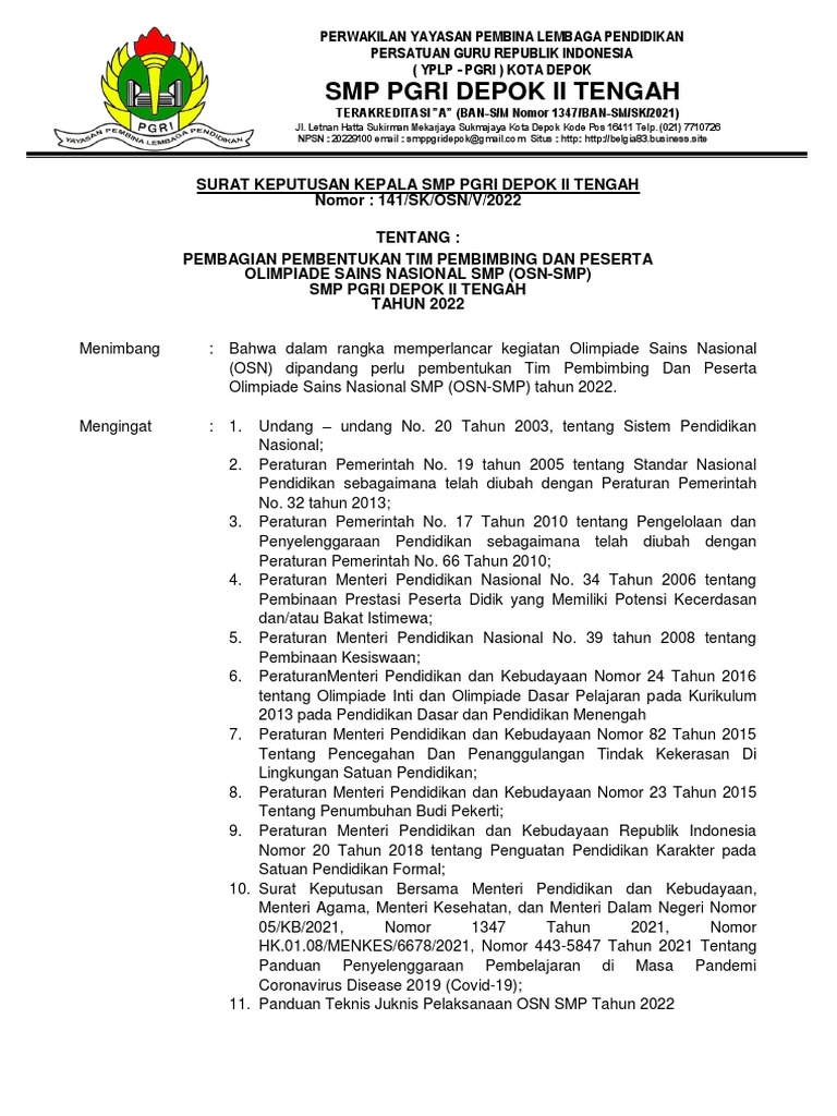 Contoh Surat Keputusan Pendamping OSN | PDF