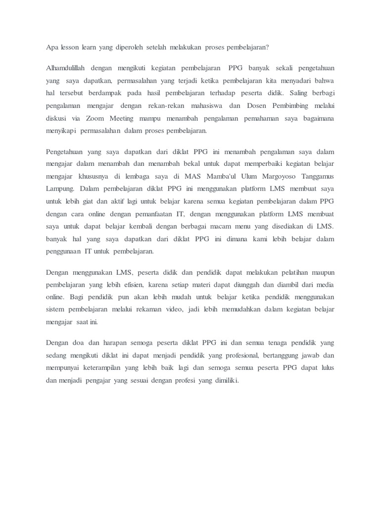 Lesson Learned dari Pembelajaran PPG | PDF | Karier & Perkembangan