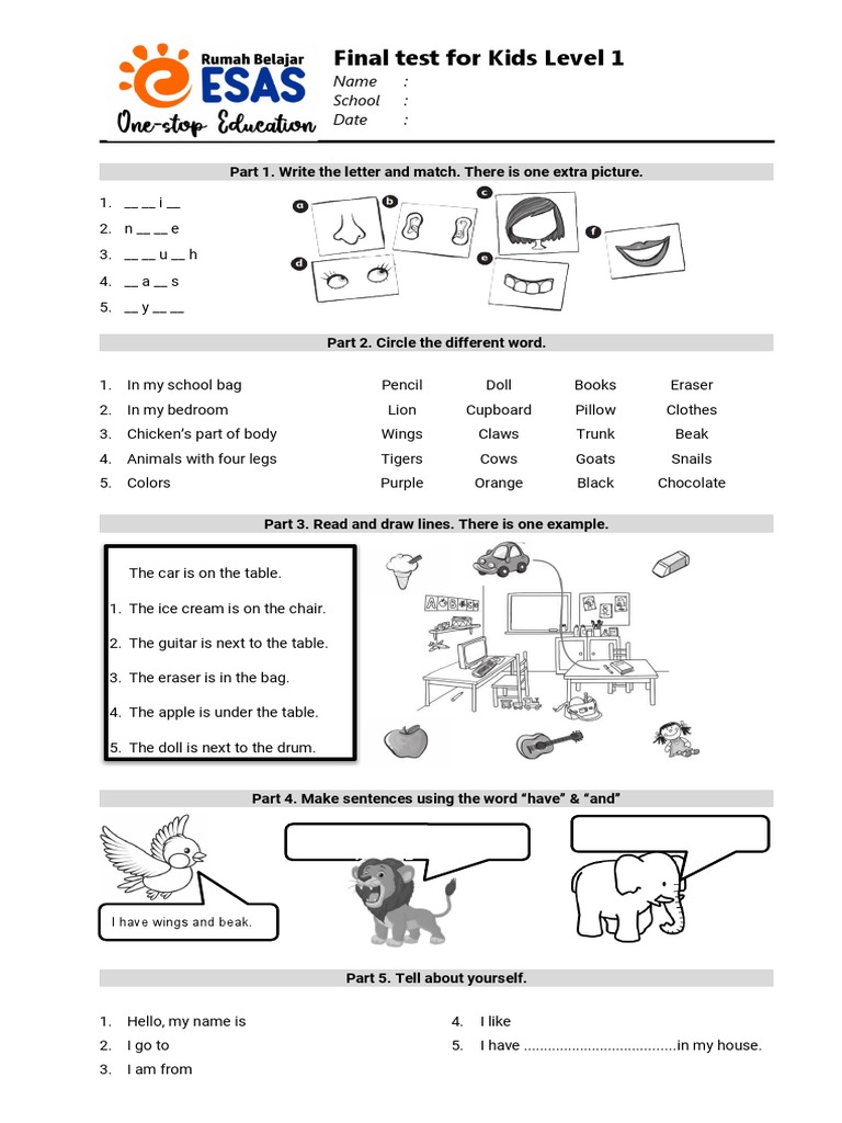 Level 1 English Test for Kids | PDF | Language Arts & Discipline ...