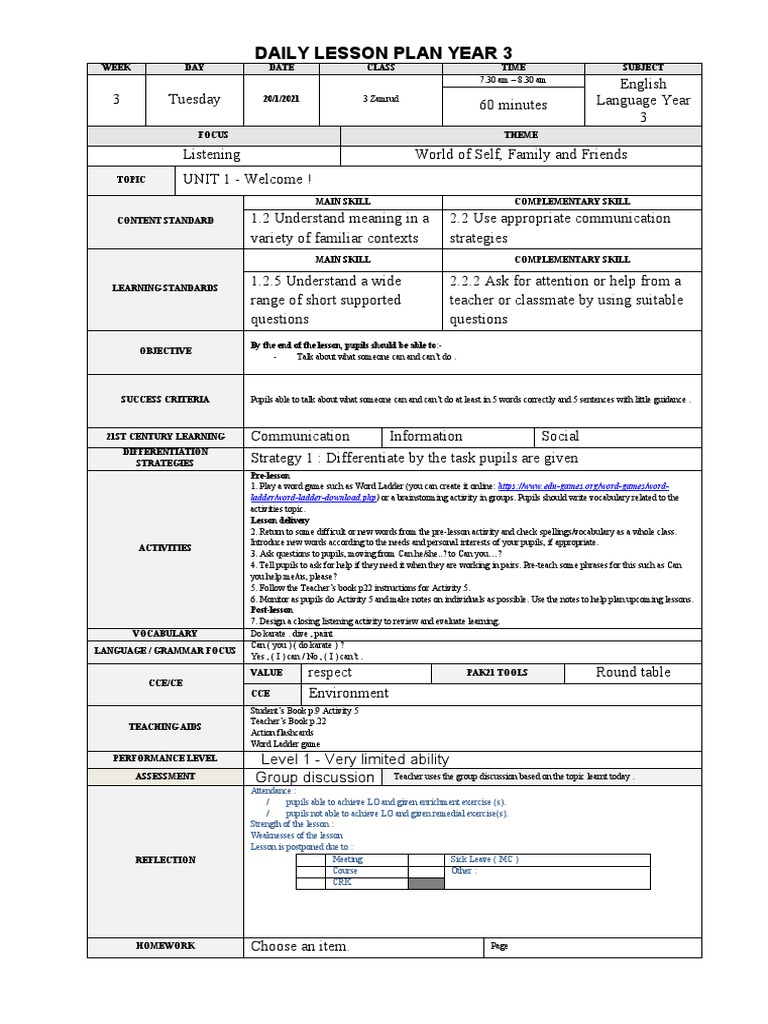 Week 3 - Welcome + Revision Lesson Baru | PDF | Lesson Plan | Teachers