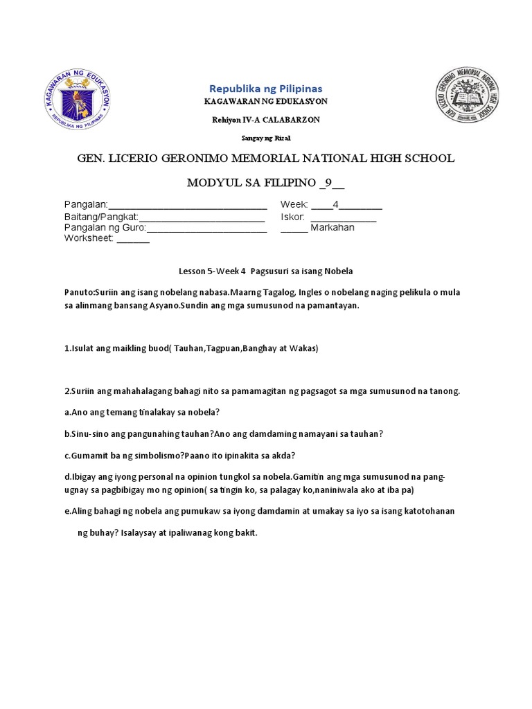 Worksheet Template Grade 9 Week4 NOBELA | PDF Worksheet Template Grade 9 Week4 NOBELA | PDF