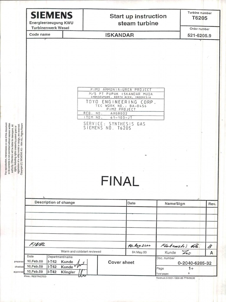 Cover Sheet (Start Up Instruction Steam Turbine) | PDF | Rotating ...