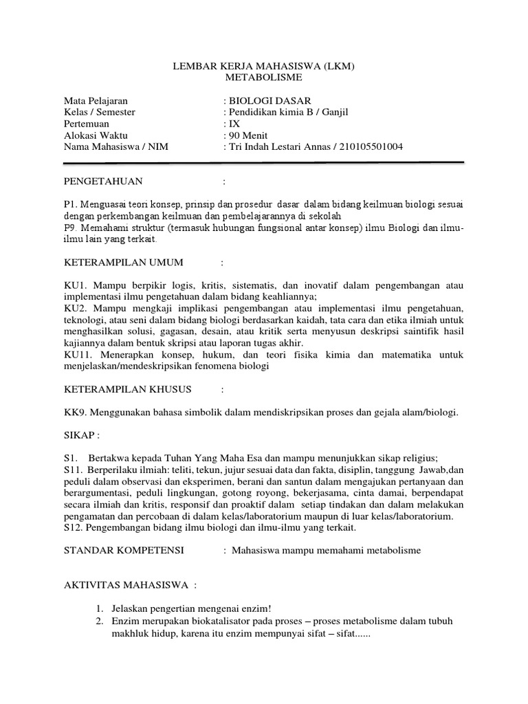 Tugas (LKM Metabolisme) | PDF | Sains & Matematika