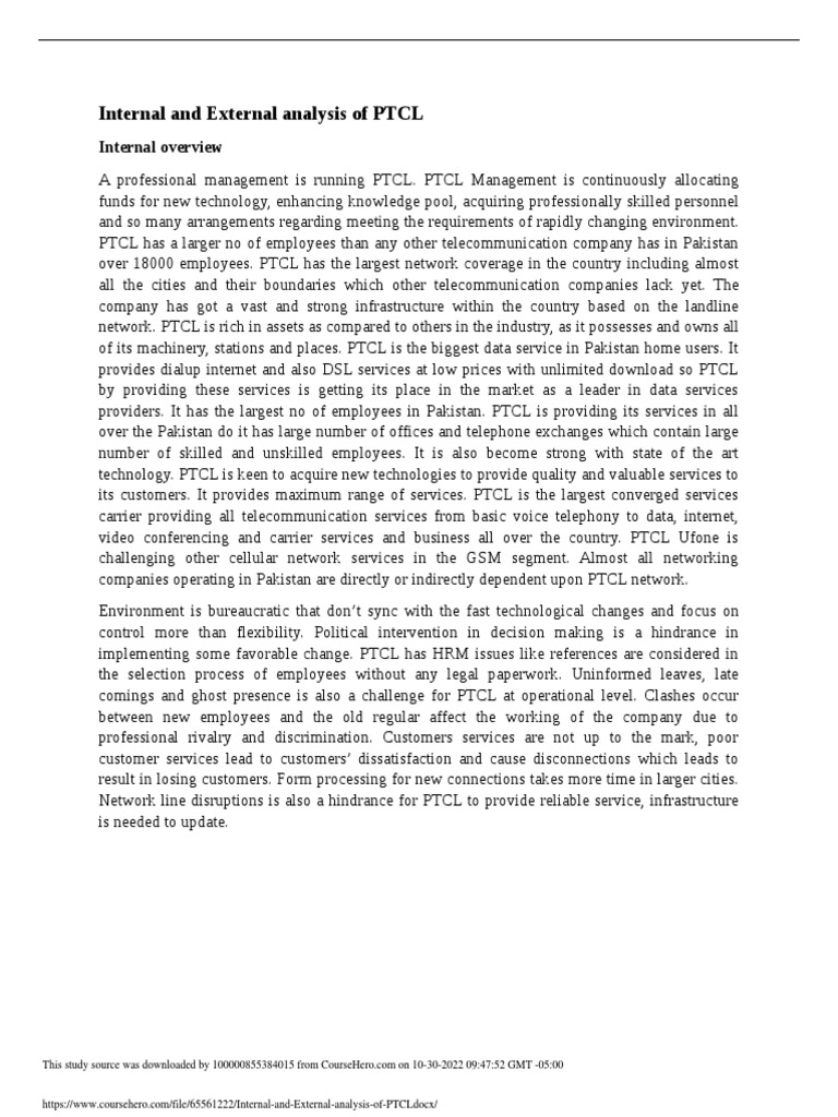 Internal and External Analysis of PTCL | PDF | Internet | Telecommunications