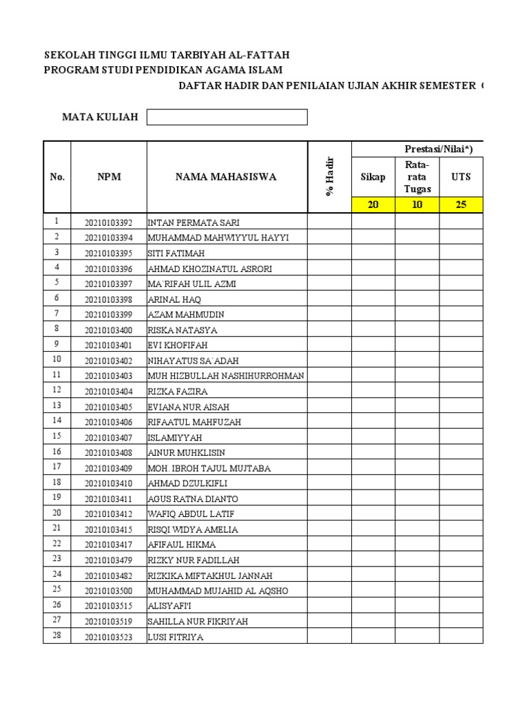 Blanko Penilaian Pai Semester Ganjil 2021-2022 Terbaru | PDF
