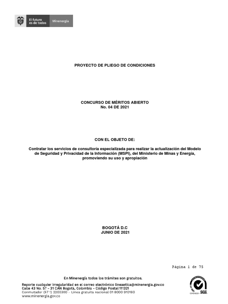 Proyecto de Pliego de Condiciones Mspi 2021 - CM-04-2021 | PDF