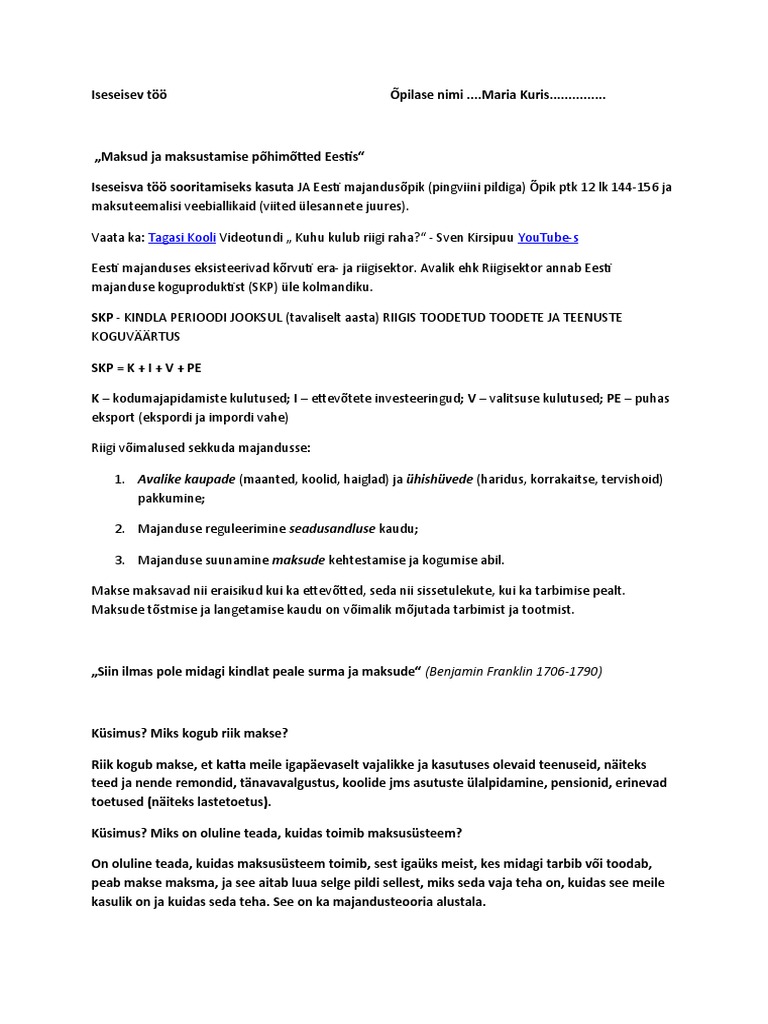Iseseisev Töö - Maksud Ja Maksustamise Põhimõtted Eestis - MHG - 2022 ...