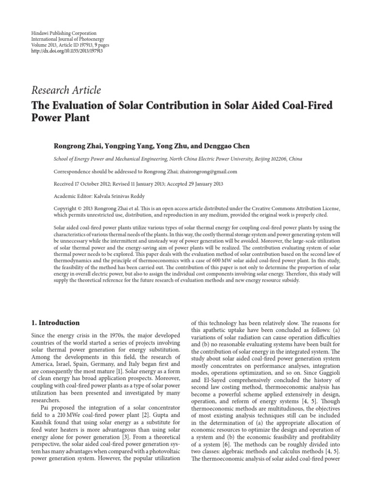 The Evaluation of Solar Contribution in Solar Aided Coal-Fired Power ...
