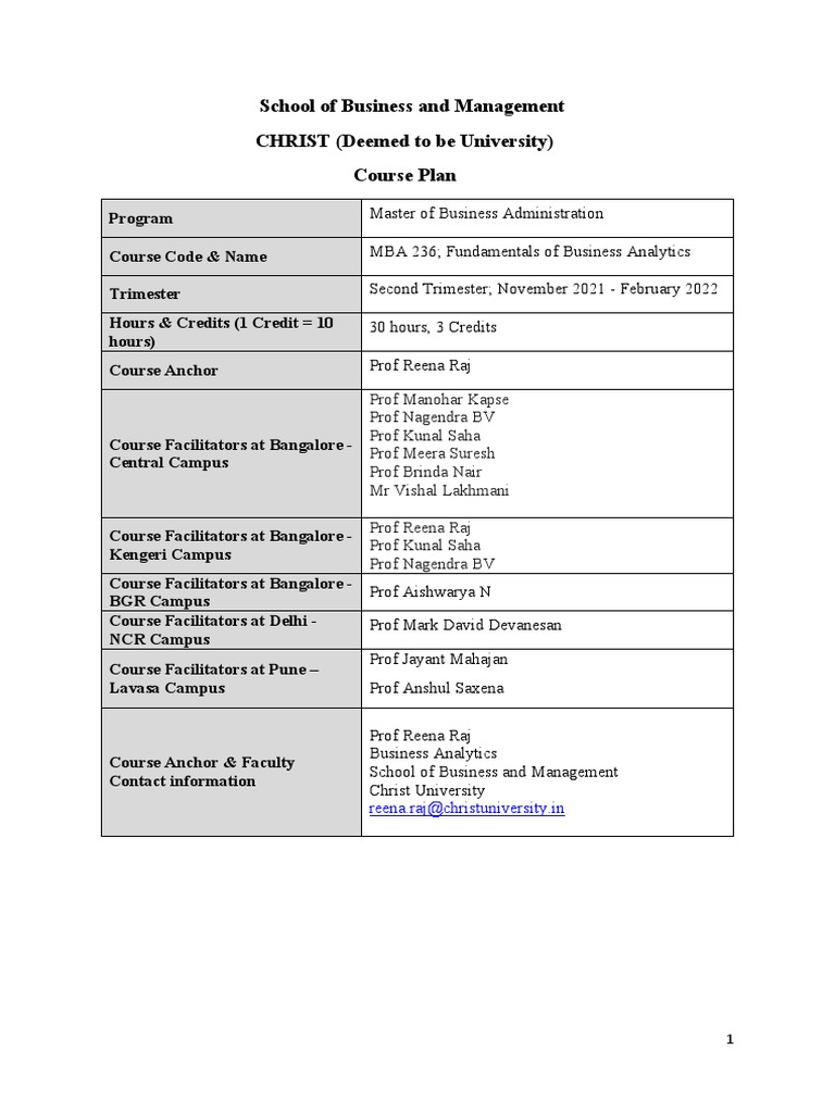 School of Business and Management CHRIST (Deemed To Be University) Course Plan | PDF | Analytics ...