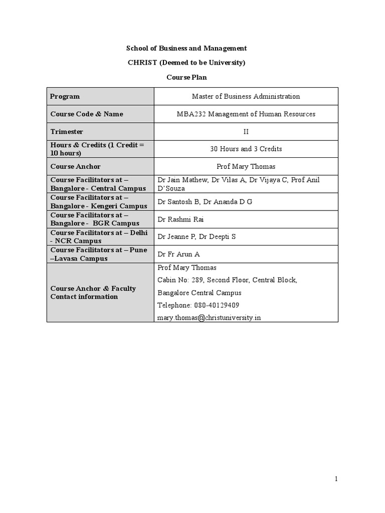 MHR Course Plan | PDF | Compensation And Benefits | Human Resource ...