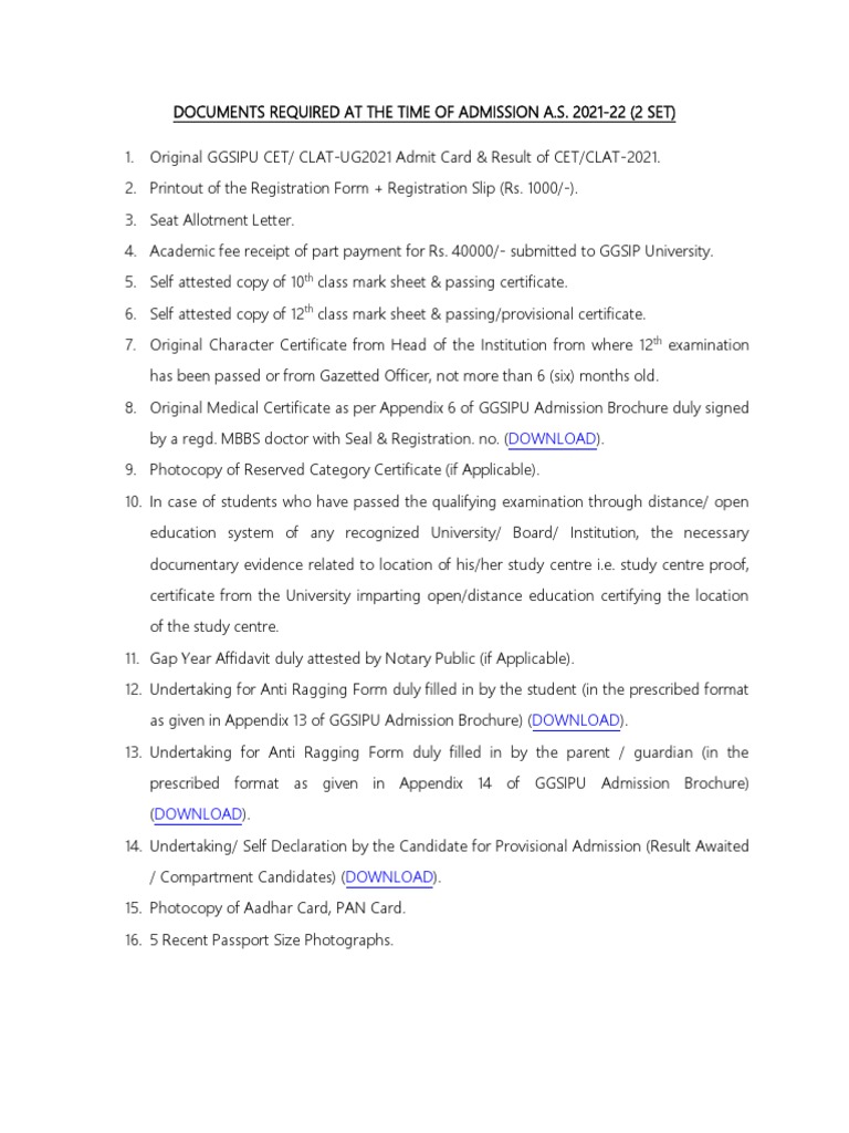 Documents Required For Admission in 1ST Year | PDF | Career & Growth