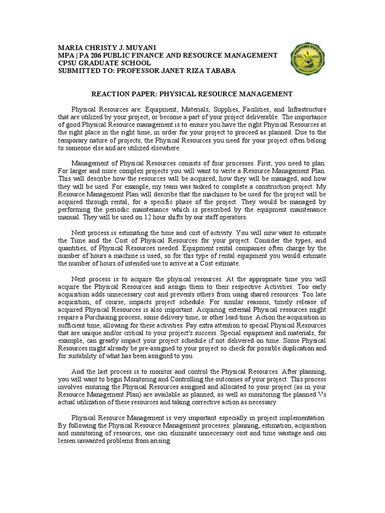 Physical Resource Management Maria Christy Muyani | PDF | Resource | Economies