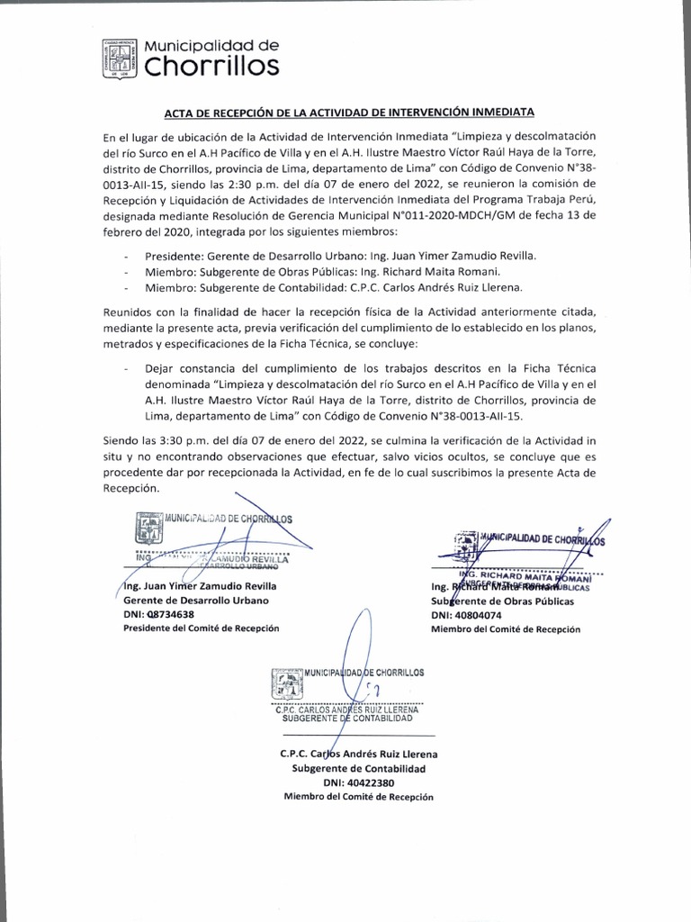 Actas de Recepcion Del Ing Juan | PDF