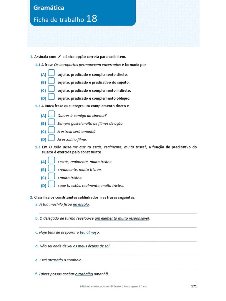 Ficha Gramatica 18 | PDF | Assunto (gramática) | Mecânica da linguagem