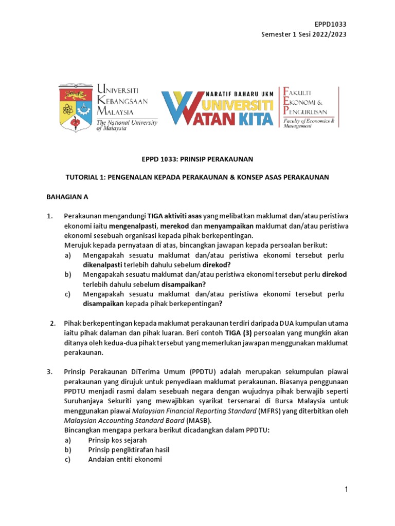 Tutorial 1 - Pengenalan Kepada Perakaunan S1 20222023 | PDF