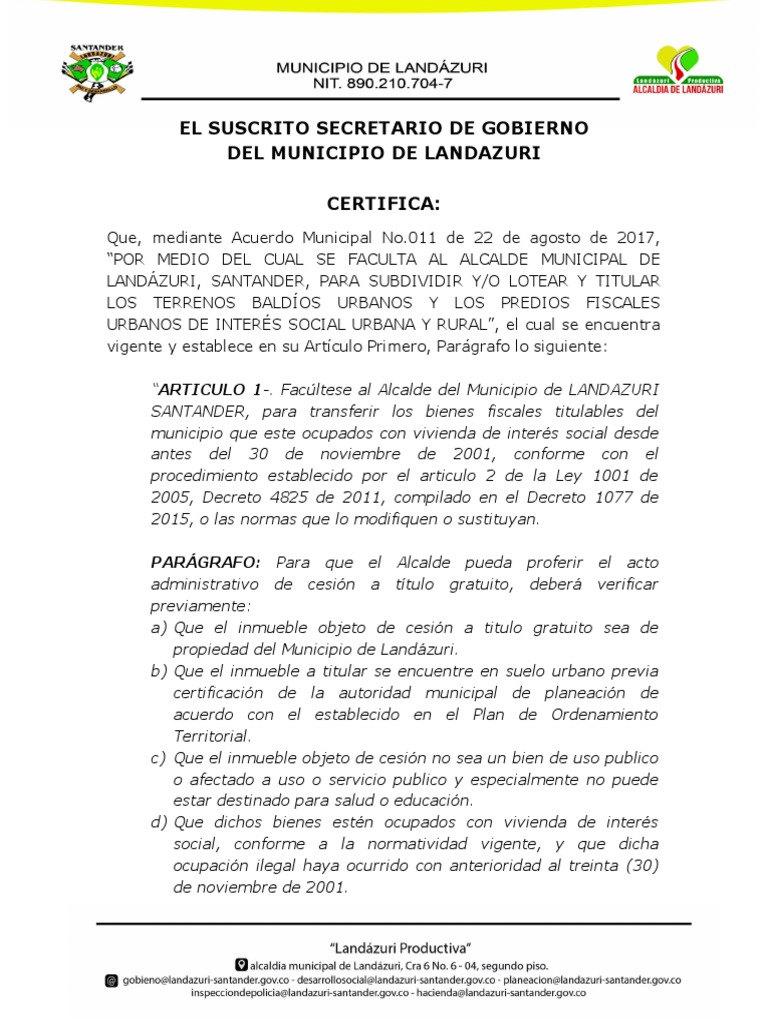 Certificación Competencia Del Alcalde Municipal para Adjudicación de ...