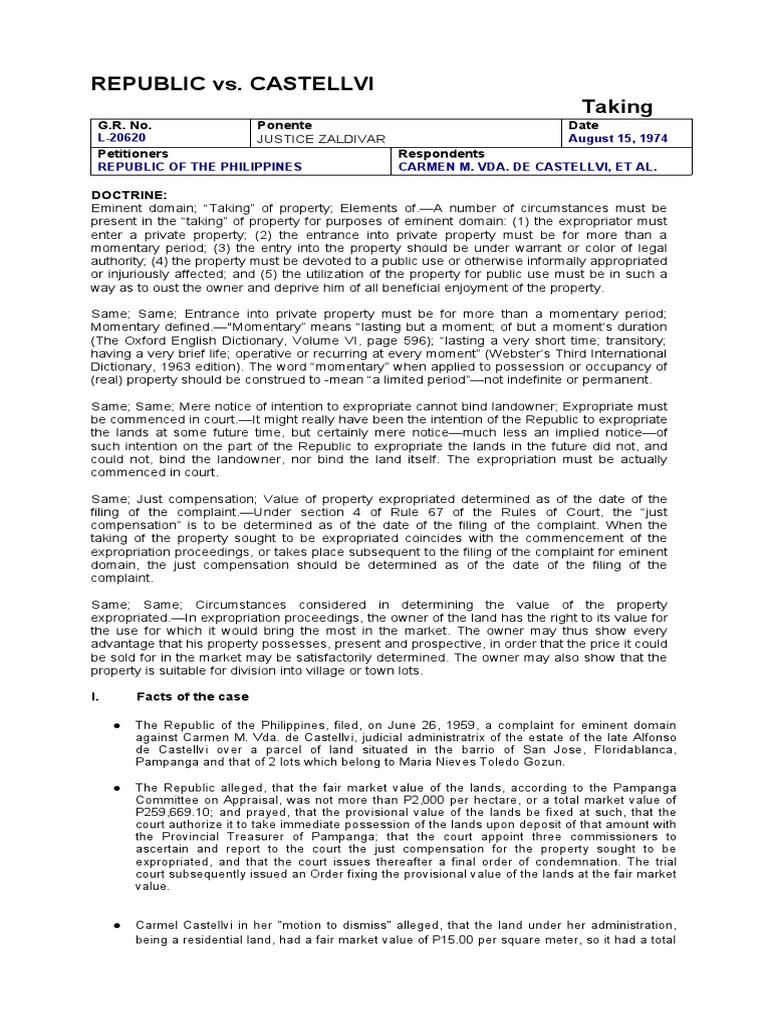 Republic vs. Castelvi, 58 SCRA 336 (1974) | PDF | Eminent Domain | Lease