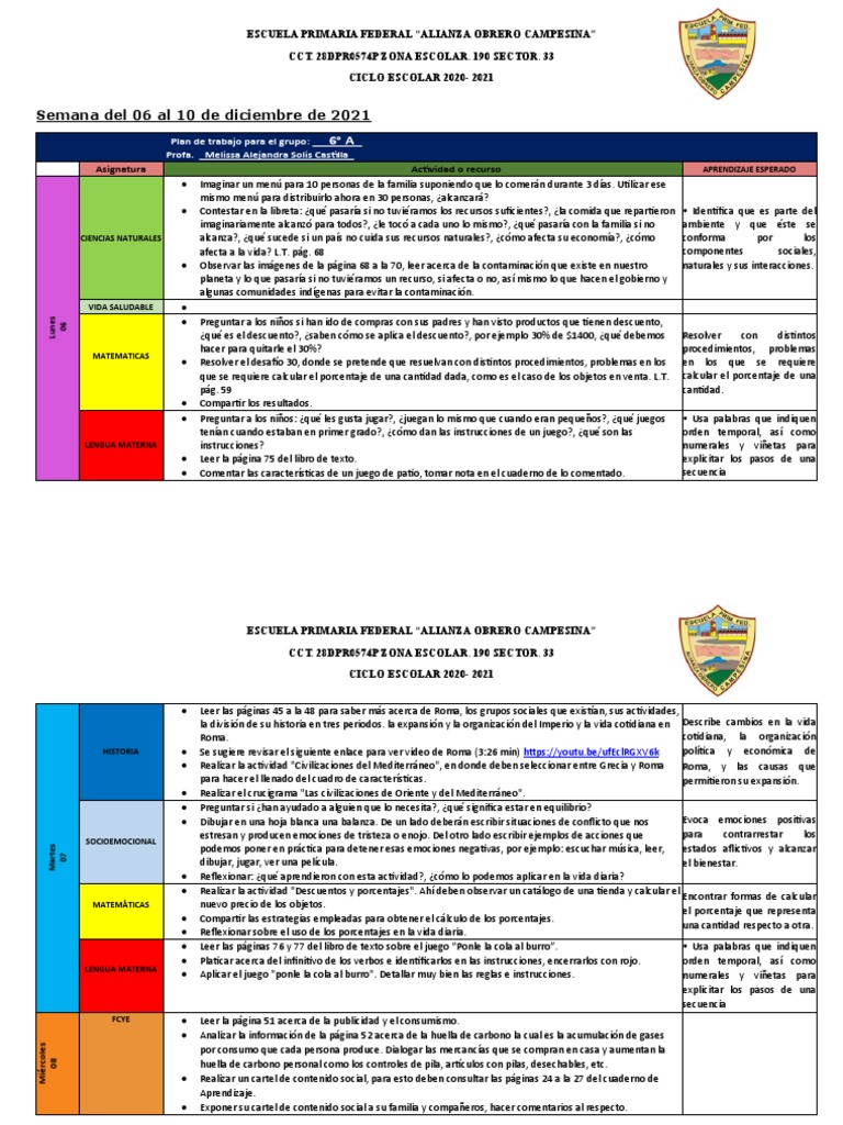Plan de Clase 6° SEMANA 14 | PDF | Educación primaria | Aprendizaje