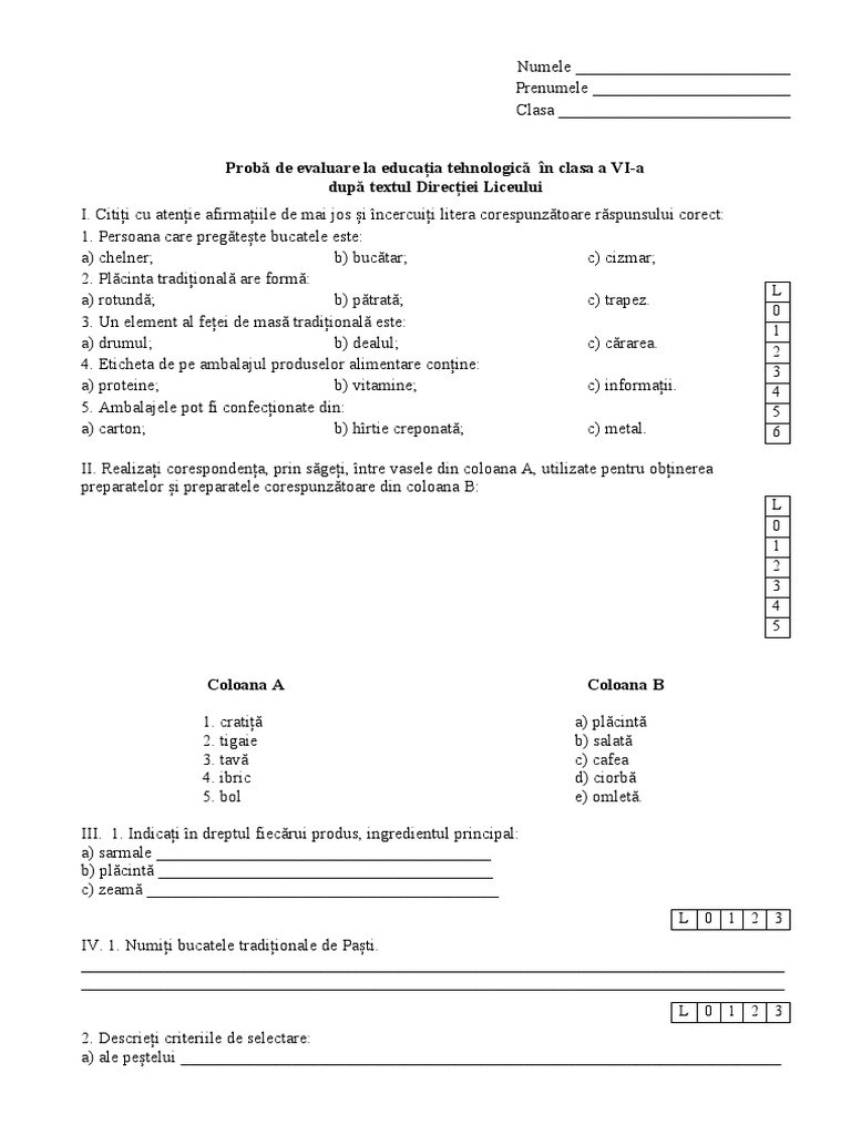 Proba de Evaluare Ed - Tehnologica cl.6 | PDF