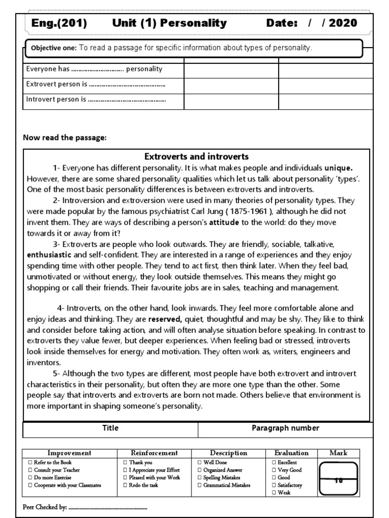 Unit 1 Personality Eng.201 | PDF | Extraversion And Introversion | Psychometrics