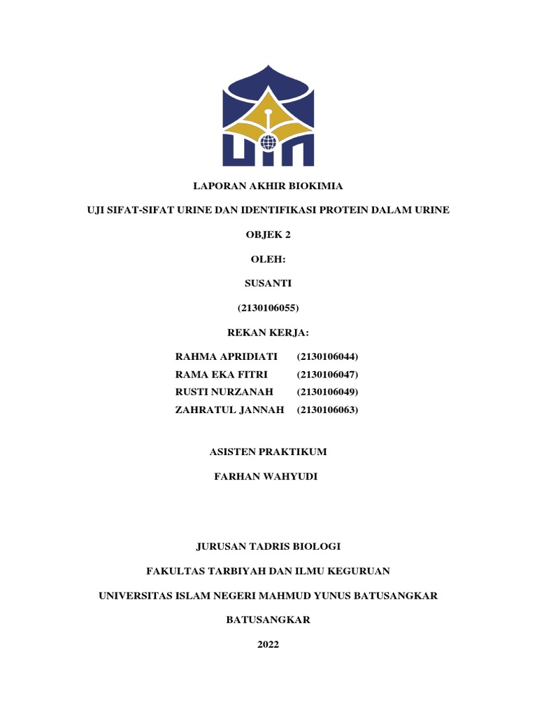 Laporan Akhir Biokimia Uji Sifat Urine | PDF | Kesehatan Holistik