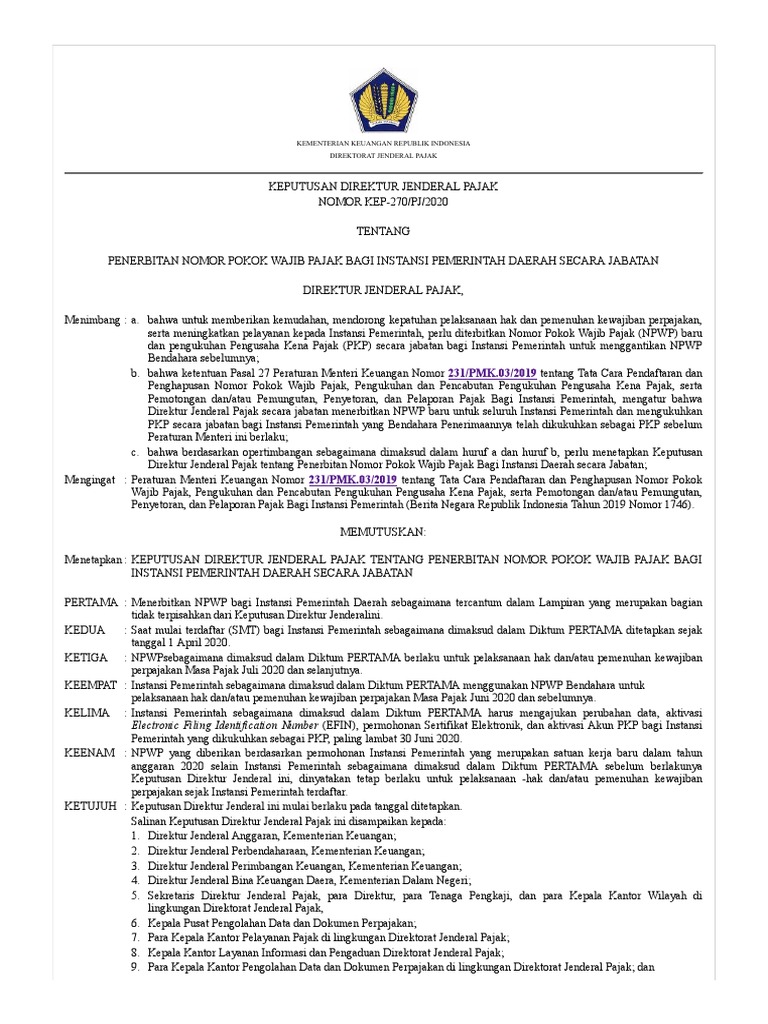 Kep-270 - PJ - 2020 Penerbitan Nomor Pokok Wajib Pajak Bagi Instansi Pemerintah Daerah Secara ...