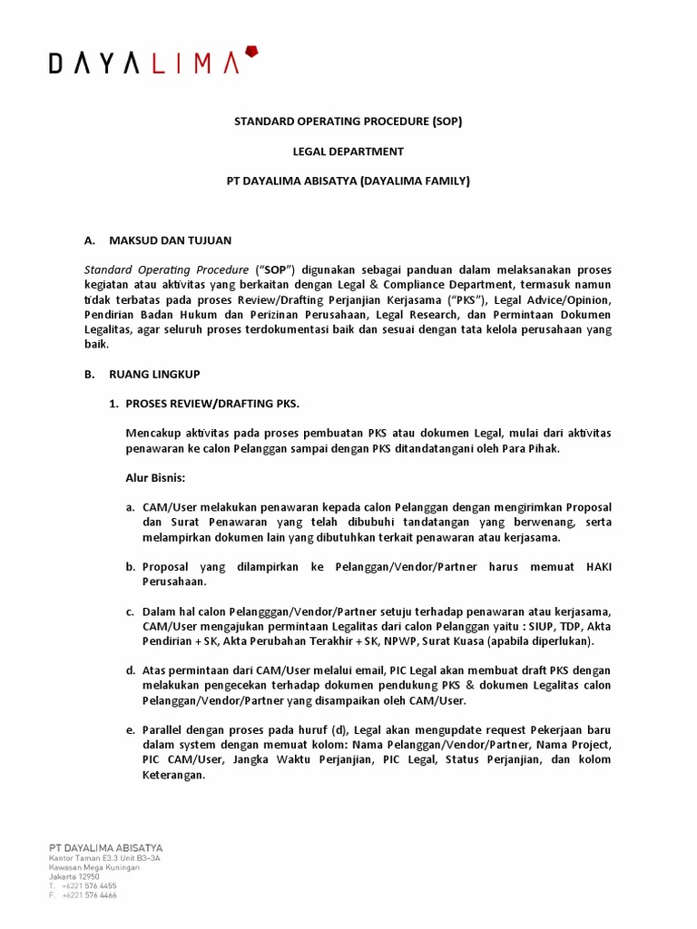 Sop & Sla Legal Department | PDF