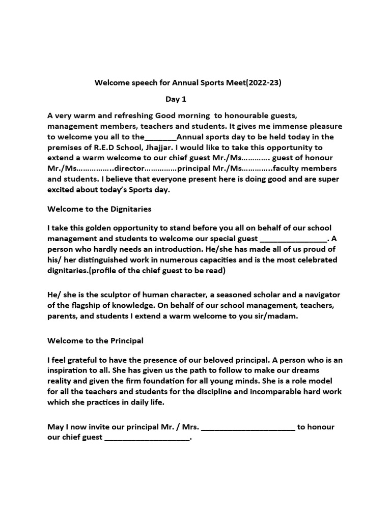 Welcome Speech For Annual Sports Meet Pdf