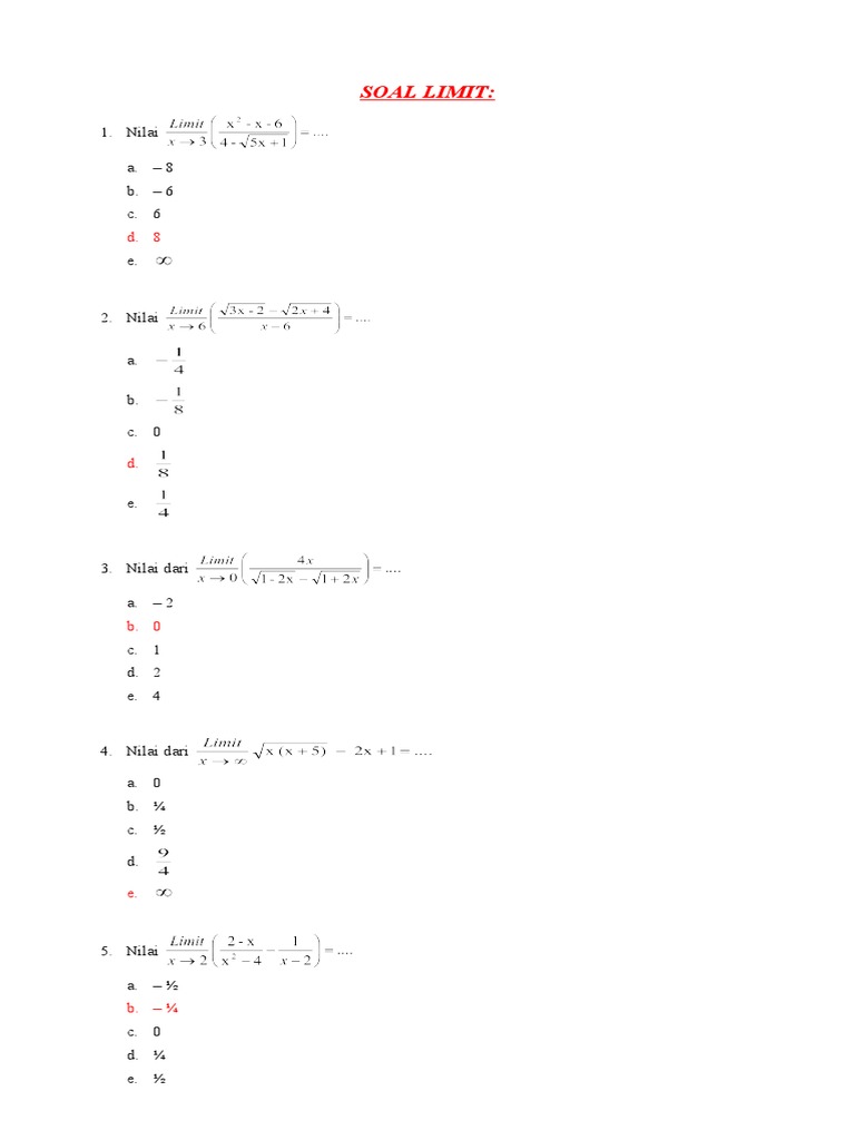 Soal Limit Matematika Lengkap | PDF | Metode & Bahan Ajar | Sains ...