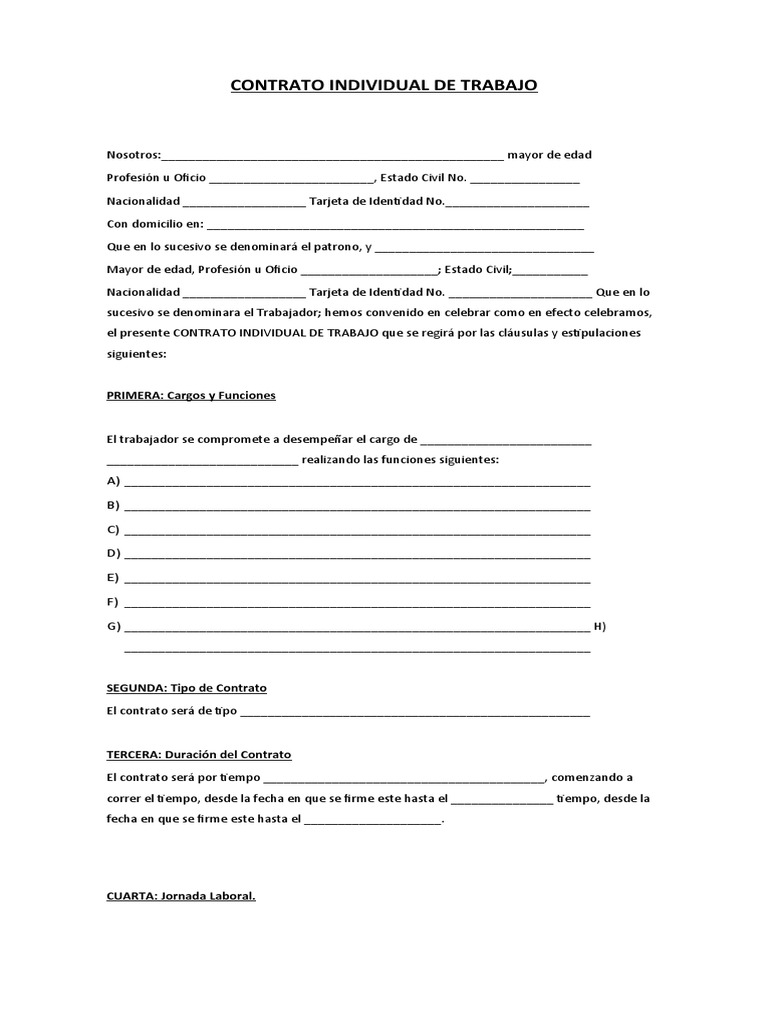 Formato Contrato Individual de Trabajo | PDF | Tiempo de trabajo | Personal